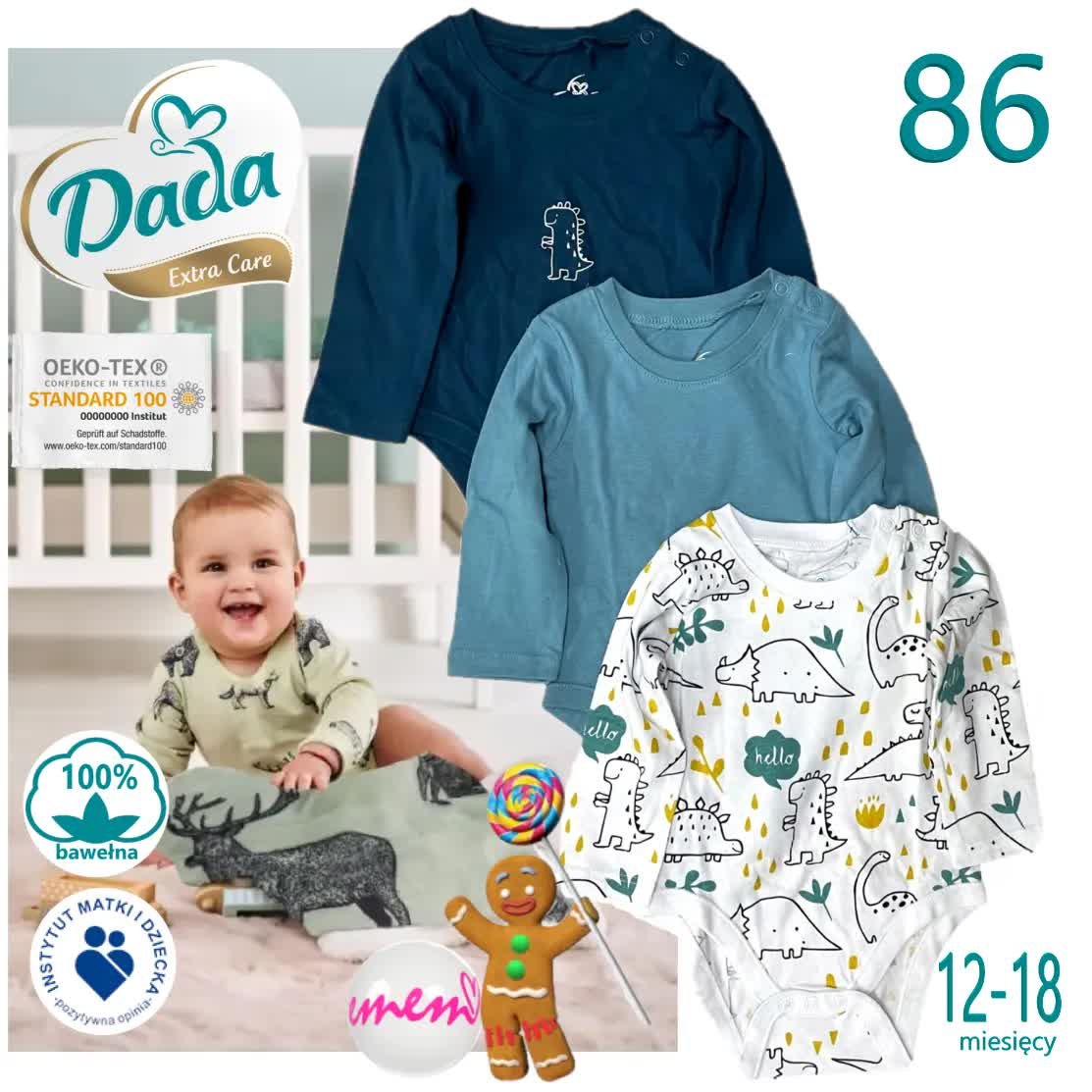 Body Dziecięce z Długim Rękawem 3 szt. DADA Extra Care DINO r. 86 /12 ...