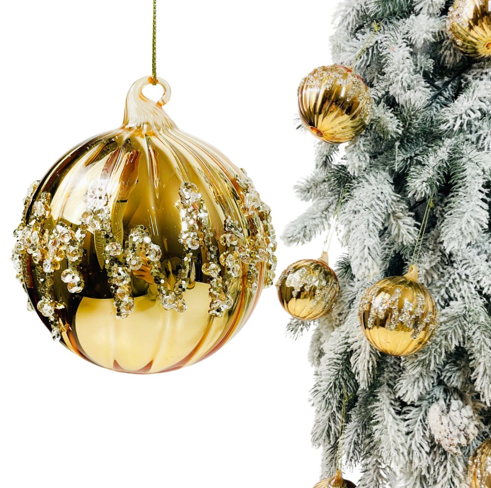 Bombka Choinkowa Szklana Dekorowana Kryształami I Brokatem Na Choinkę Złota W Połysku 8 Cm ...