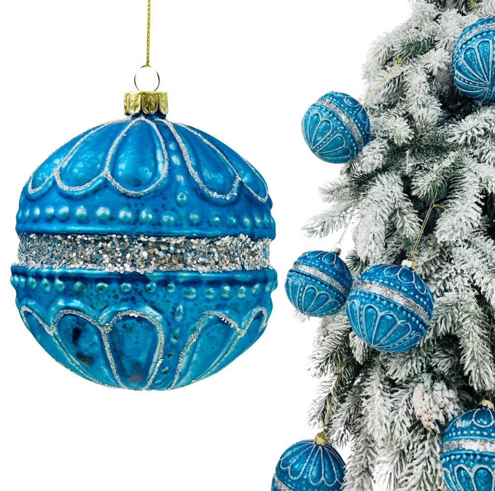 BOMBKA CHOINKOWA SZKLANA FORMOWANA I DEKOROWANA NA CHOINKĘ TURKUSOWA W MATOWYM WYKOŃCZENIU 10 CM ...