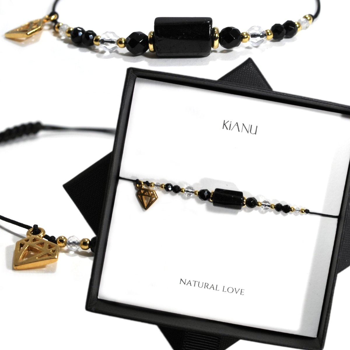 Bransoletka KiANU Onyks Kryształ Turmalin Kamień Księżycowy Srebro 925 Prezent Dla Kobiety Żony ...