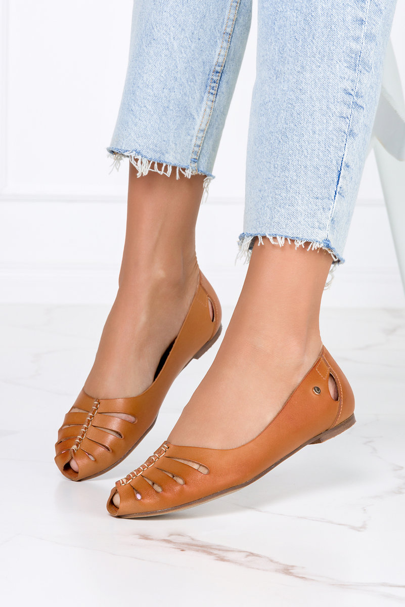 Brązowe baleriny skórzane damskie ażurowe z odkrytymi palcami PRODUKT ...