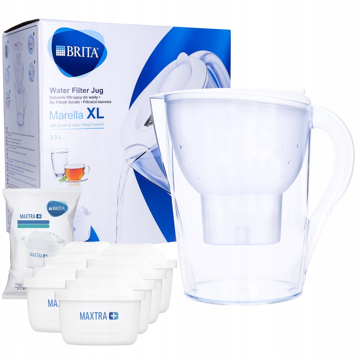 Brita Zestaw Dzbanek Marella Xl 3.5L Biały + 7 Wkładów Filtrujących Maxtra+ Pure Performance ...