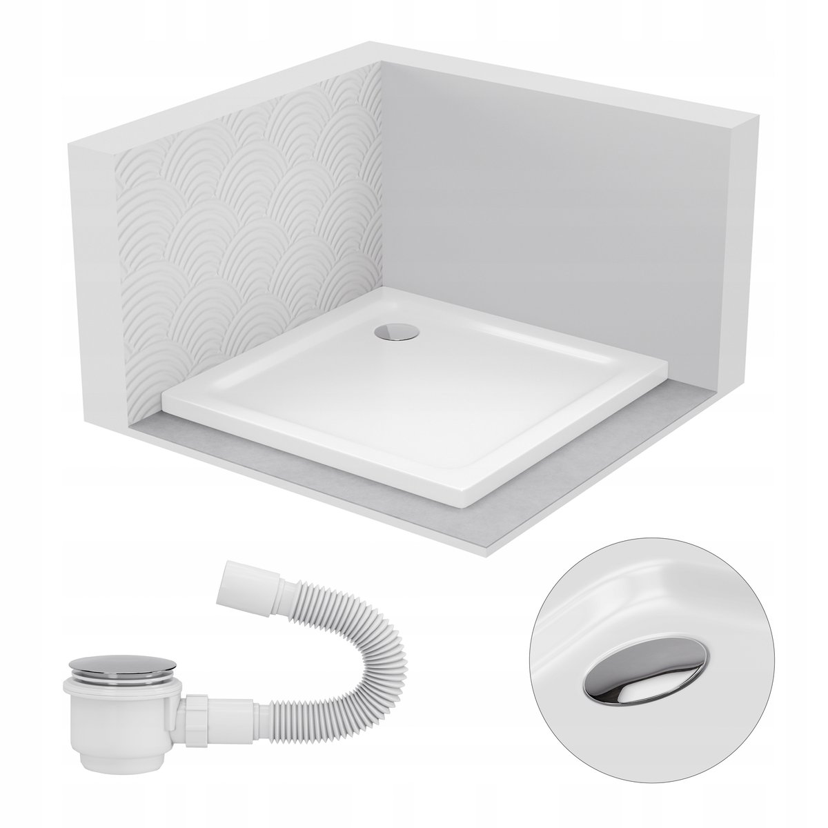 BRODZIK PRYSZNICOWY KWADRATOWY 80x80 SLIM NISKI 5 CM BIAŁY WHITE SYFON ...