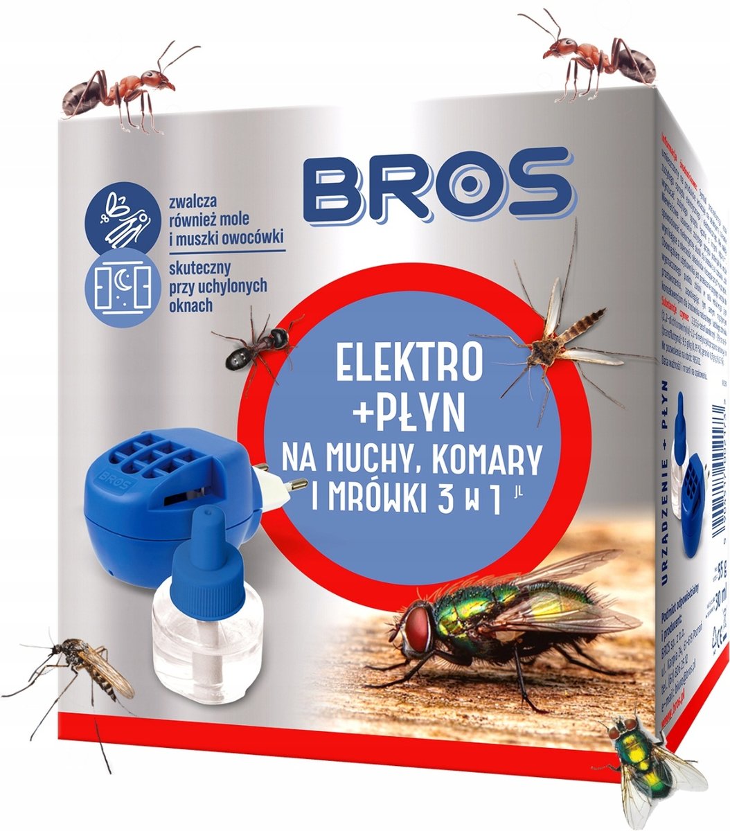 Bros Urządzenie 3w1 Na Muchy Mrówki Komary + Zapas Płyn 20 Dni x 24h 30 ...