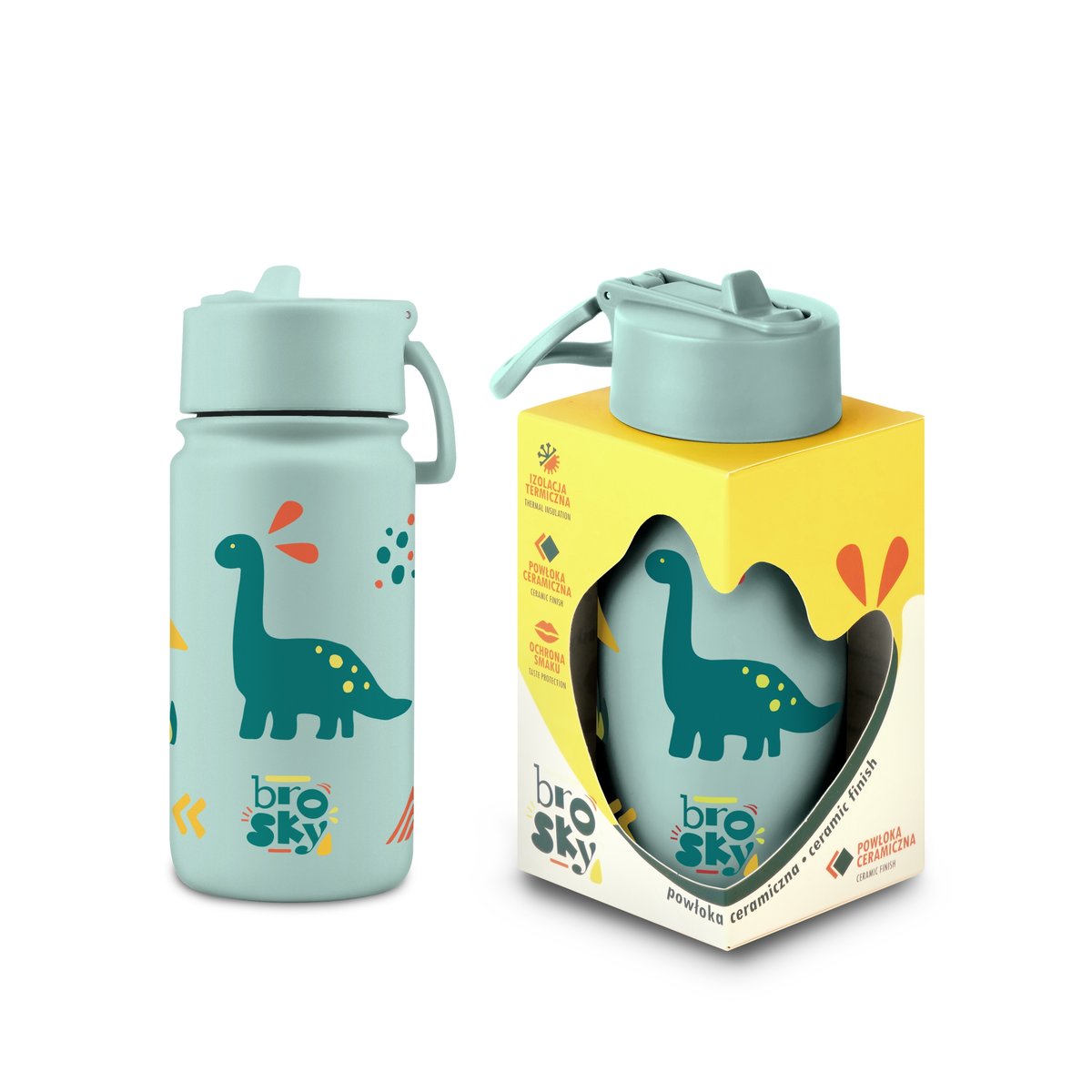 Brosky Kids Miętowa butelka na wodę dla dzieci w dinozaury 450 ml ...