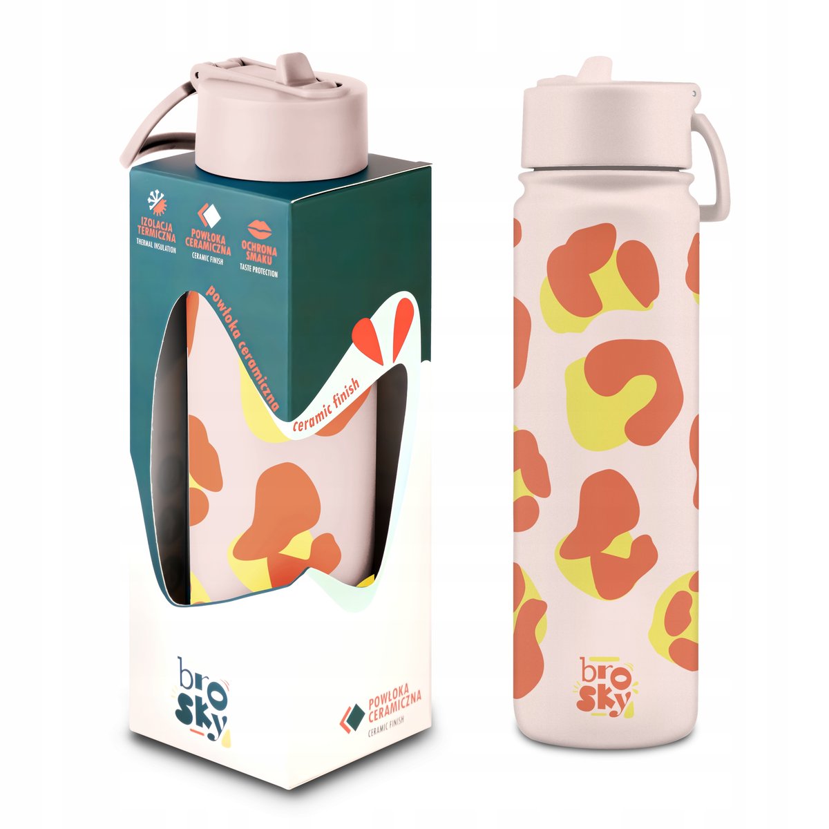 Brosky Wild 680 ml Różowy termiczny bidon na wodę ze słomką i nadrukiem ...