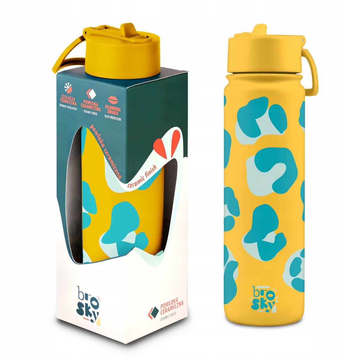 Brosky Wild 680 ml Żółty termiczny bidon na wodę ze słomką i nadrukiem ...