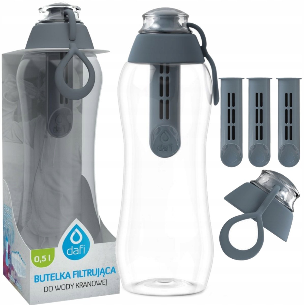 Butelka do wody Dafi Soft szara 0,5l 4x wkład filtrujący nakrętka ...