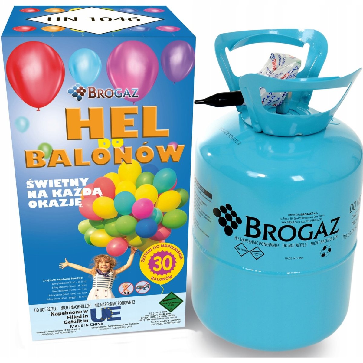 Butla z Helem do Balonów, Hel do Napełniania 30 Balonów Brogaz Jednorazowa - Inna marka ...