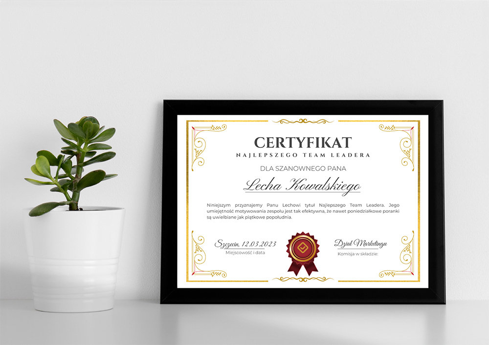 Certyfikat dla Team Leadera - Najlepszy Team Leader - 21x30 cm - Inna ...