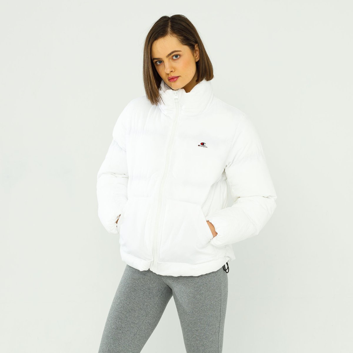 Champion Wmns High Neck Script Logo Back Hooded Jacket White - S ...