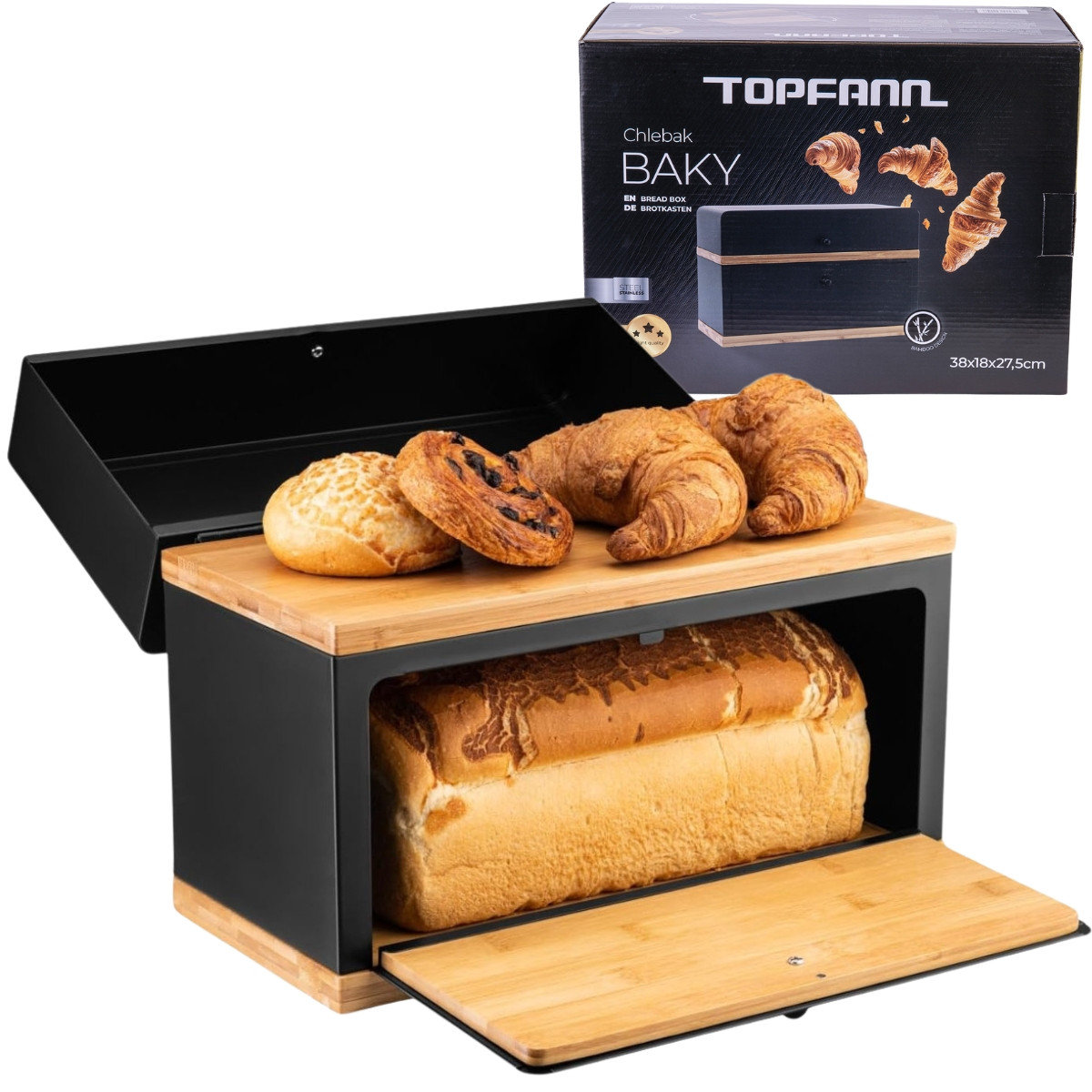 Chlebak na pieczywo metalowy z bambusową podstawą Baky czarny ...