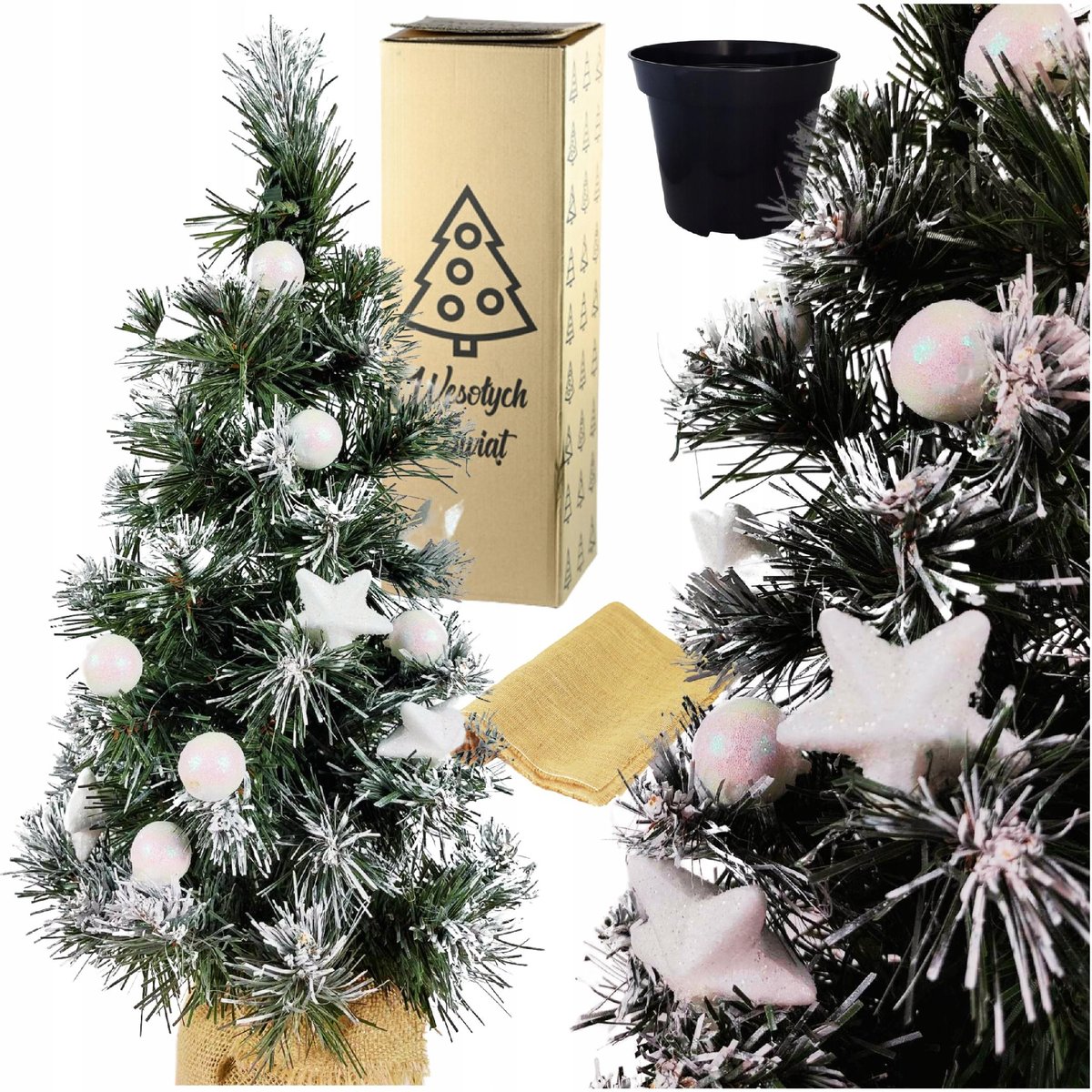 Choinka Sztuczna Mała Jak Żywa 65Cm Ośnieżona Gęsta Ozdobiona Białe ...