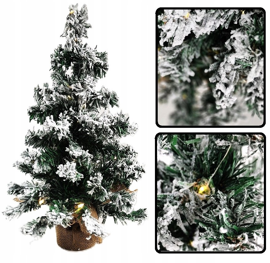 Choinka sztuczna OŚNIEŻONA 60cm w jucie choineczka ZE ŚNIEGIEM świecąca ...
