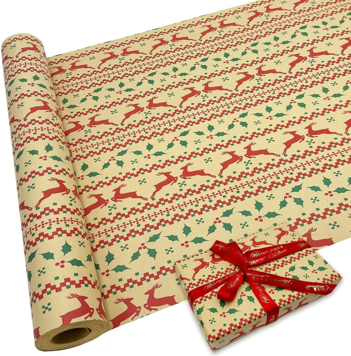 Christmas Kraft Gift Wrapping Paper: Roll Package Green Festive Design ...