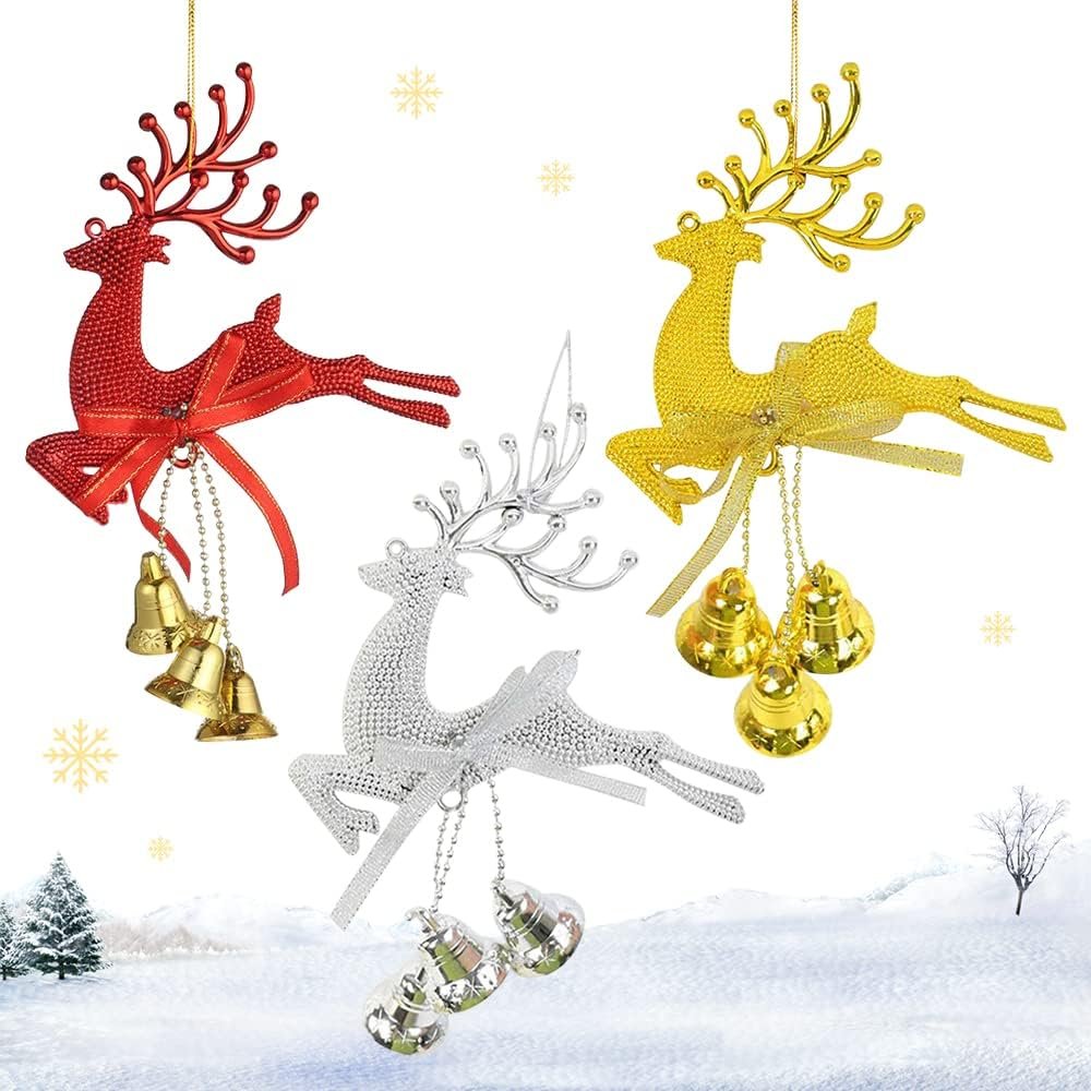 Christmas Tree Ornament Set of 3 Xmas Bell Reindeer Hanging Ornaments ...