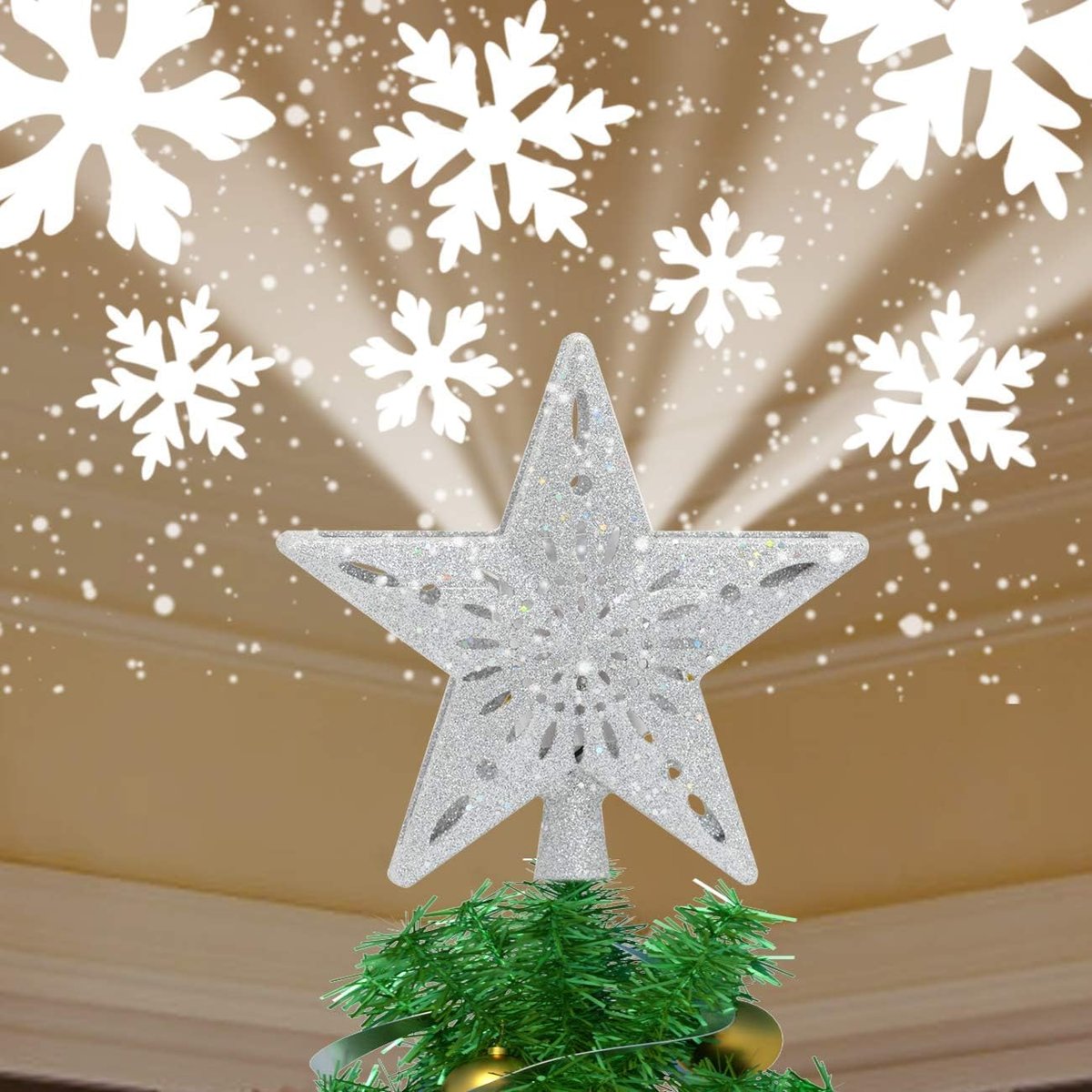 Christmas Tree Star Topper, Built-in Rotating LED Snowflake Projector ...
