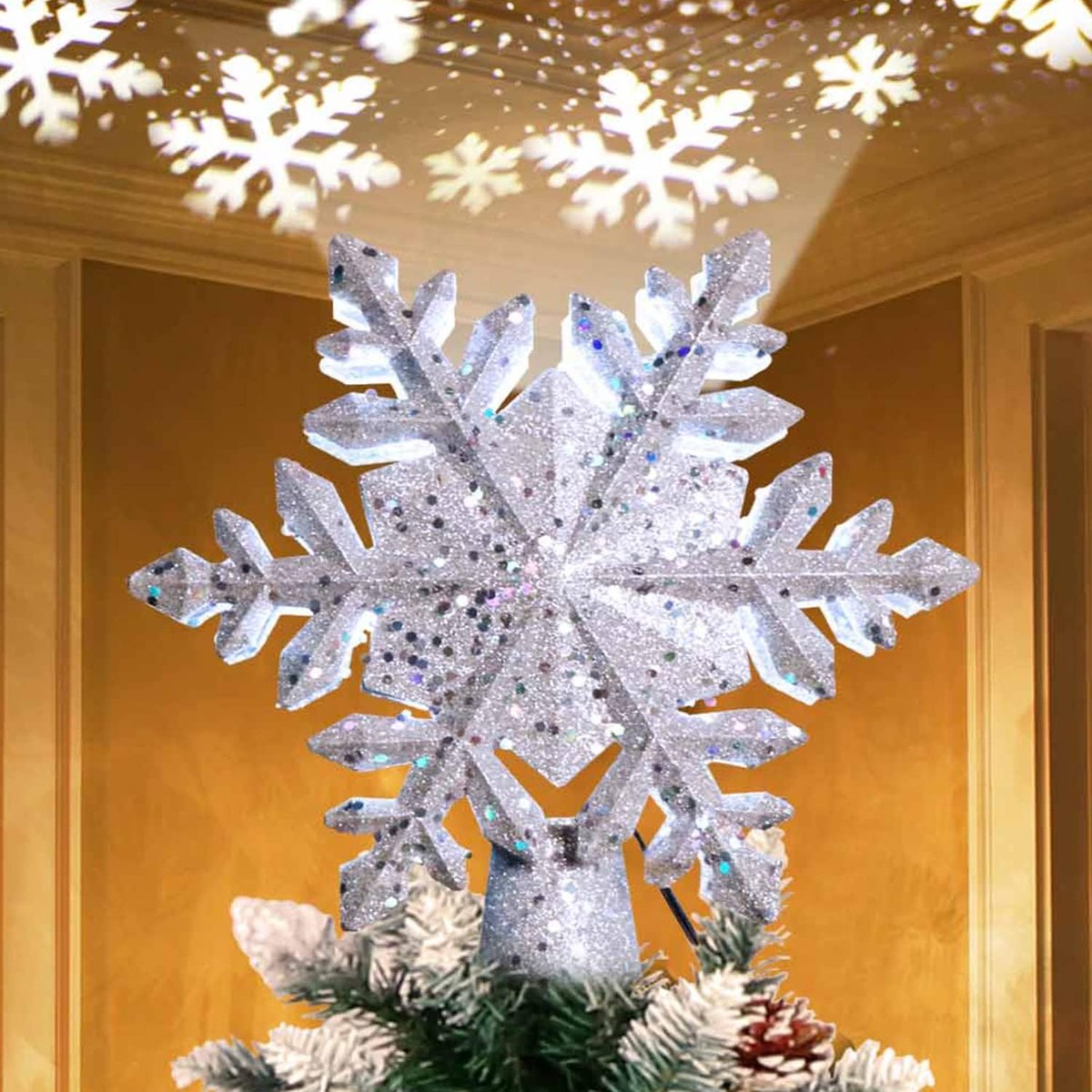 Christmas Tree Topper Lighted Snowflake Tree Topper with Magic Rotating ...
