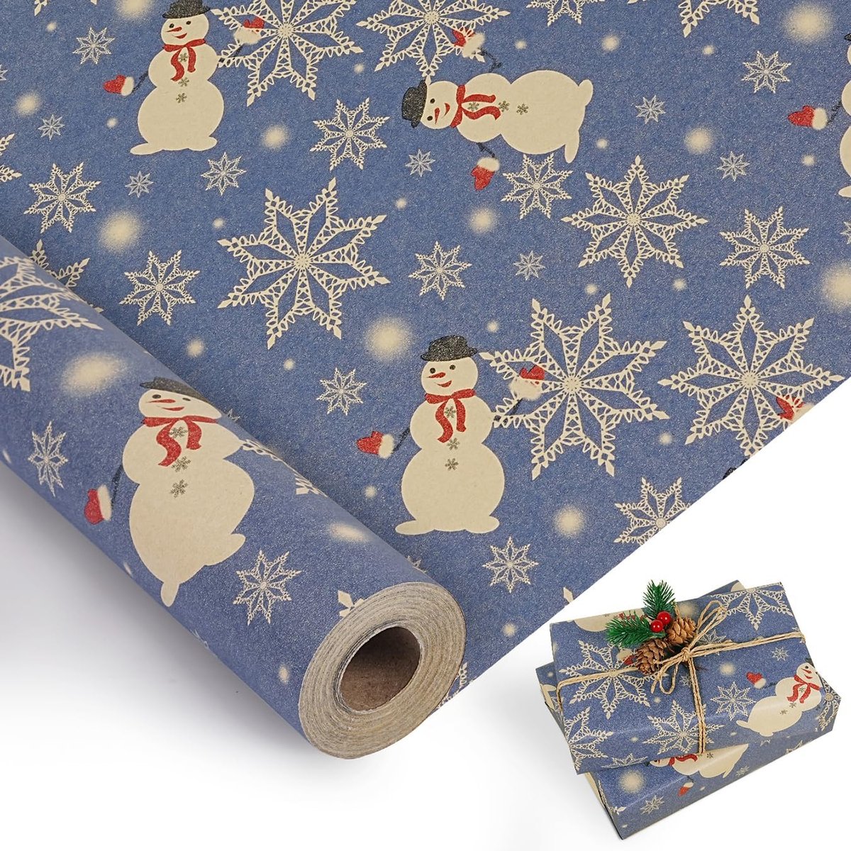 Christmas Wrapping Paper Roll, Navy Blue Kraft Wrapping Paper,Snowman ...