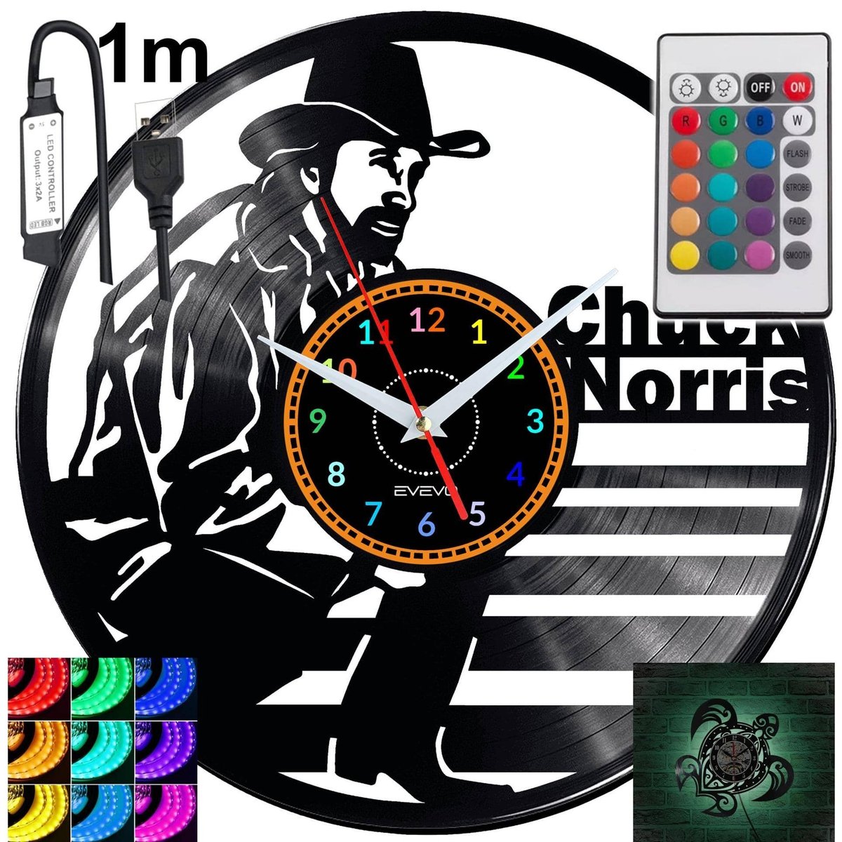 CHUCK NORRIS Zegar Ścienny Podświetlany LED RGB Na Pilota Płyta ...