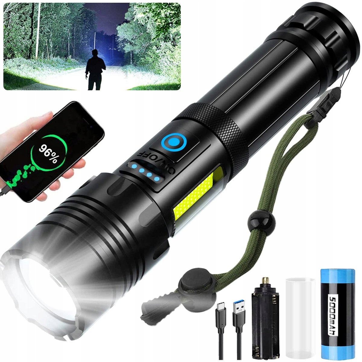 CINLINSO Latarka Led 100000 Lumen USB-C Taktyczna IPX6 Camping 1335 ...