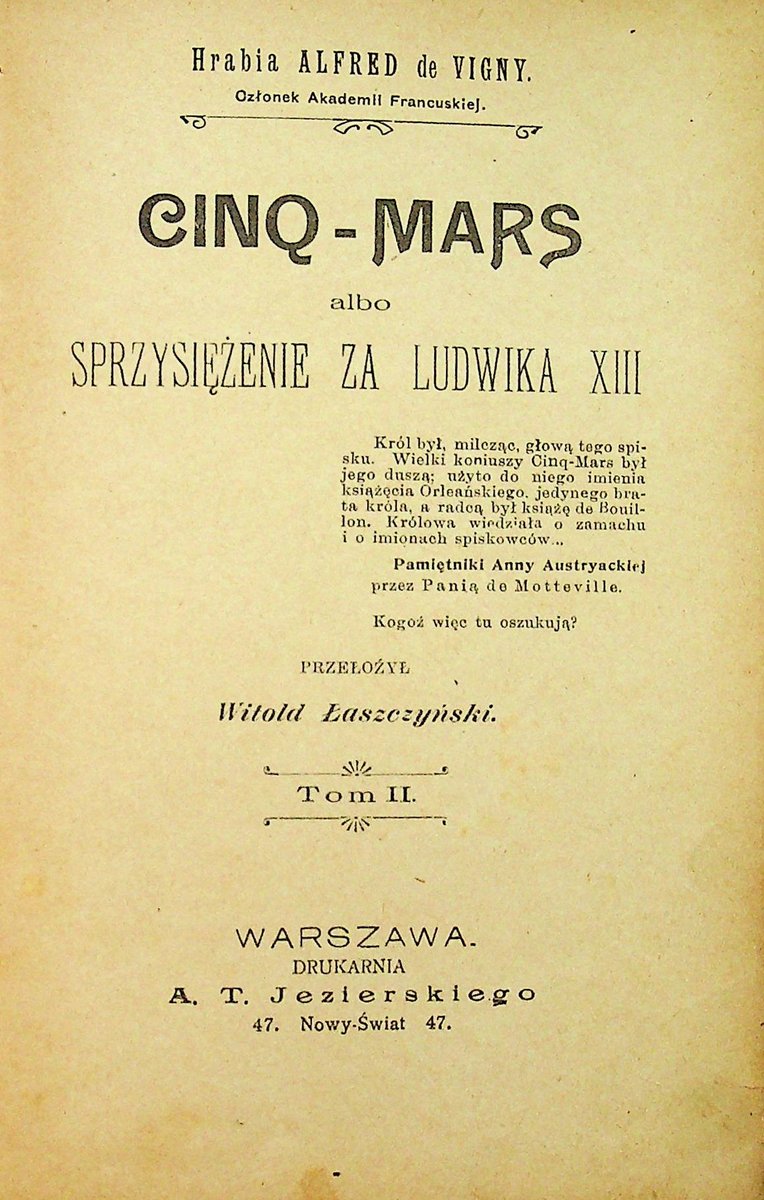 Cinq Mars albo sprzysiężenie za Ludwika XIII Tom II 1901 r. - W opisie | Książka w Empik
