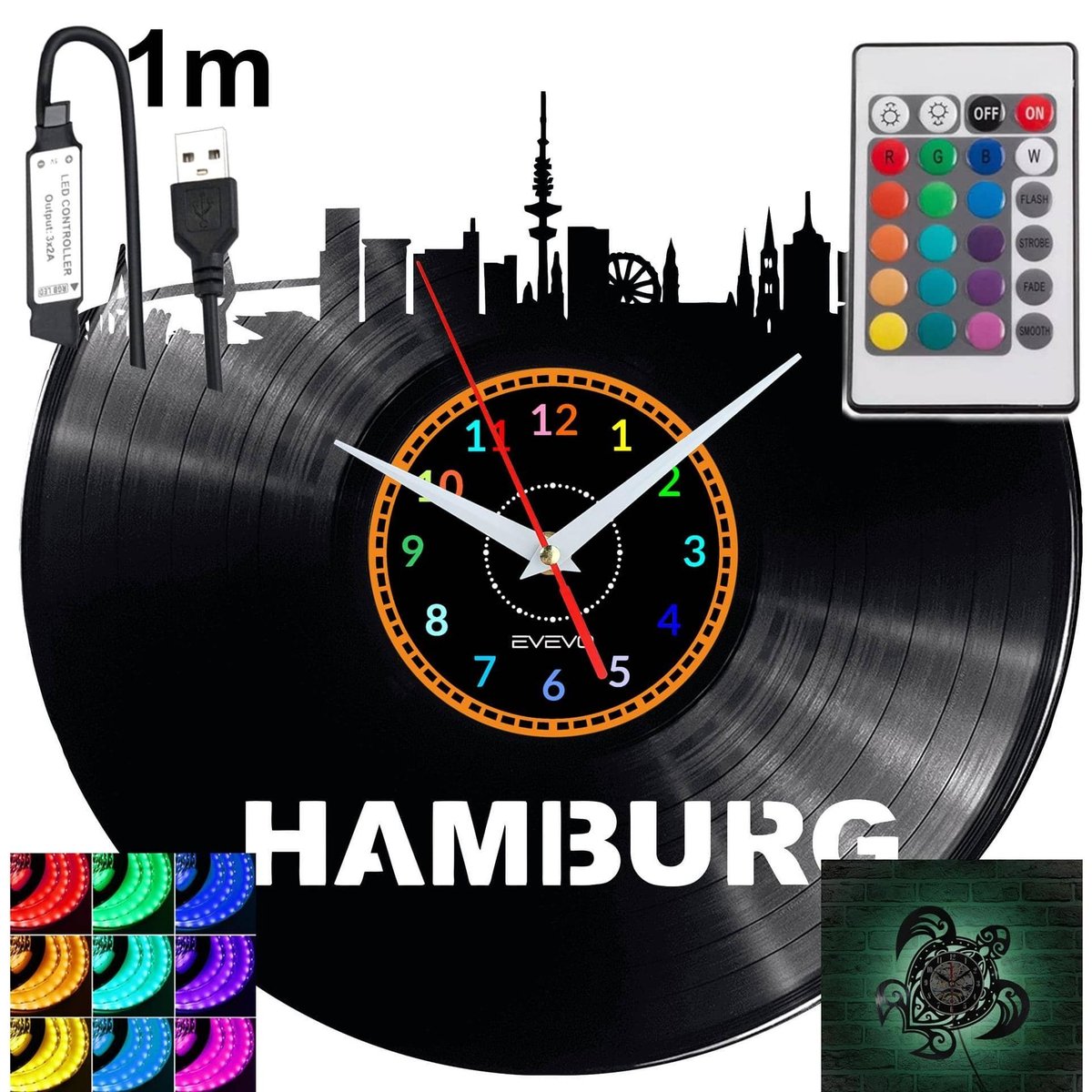 CITY HAMBURG Zegar Ścienny Podświetlany LED RGB Na Pilota Płyta ...