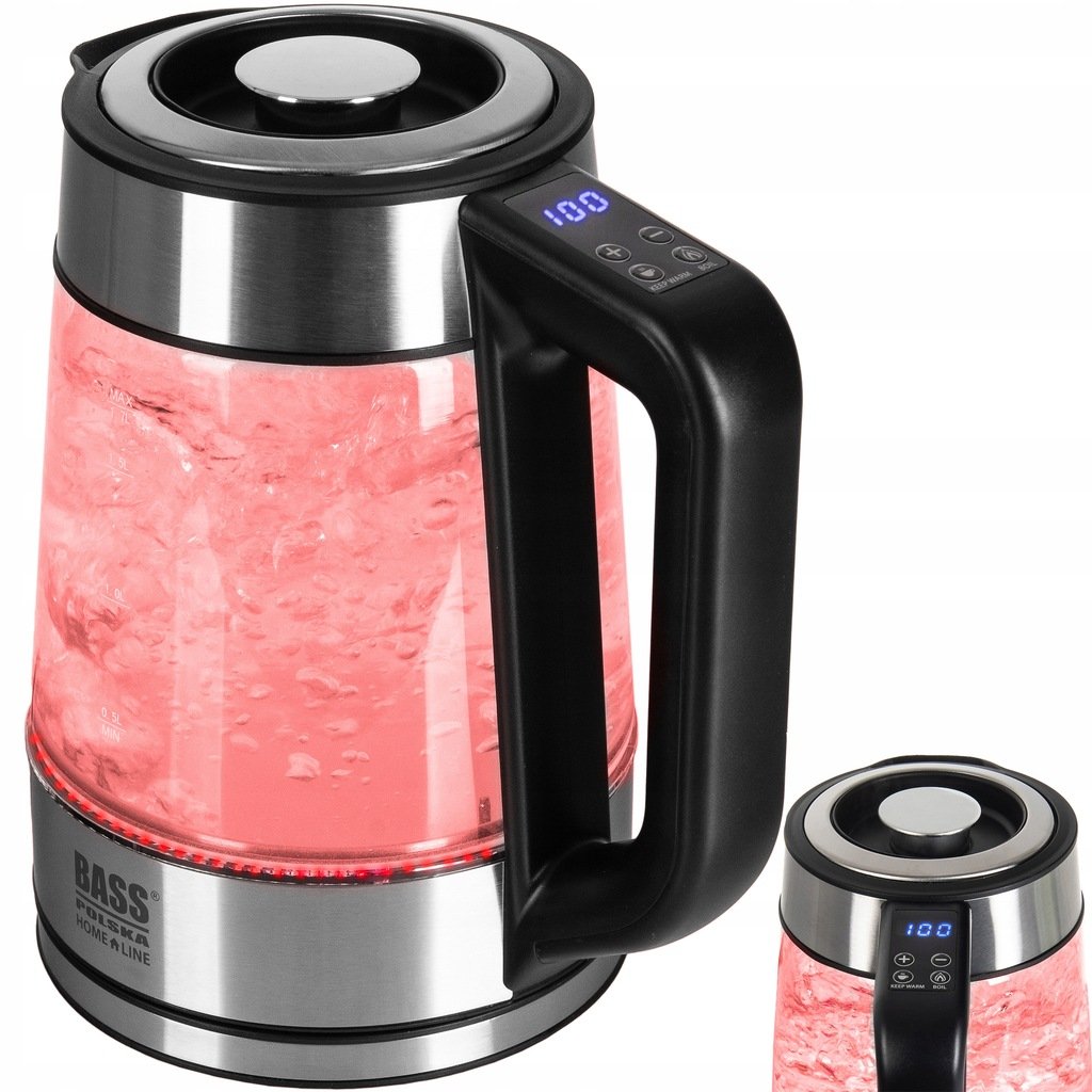 CZAJNIK ELEKTRYCZNY SZKLANY 1,7L 2200W REG TEMP BEZPRZEWODOWY LED LCD - Bass | AGD Sklep EMPIK.COM