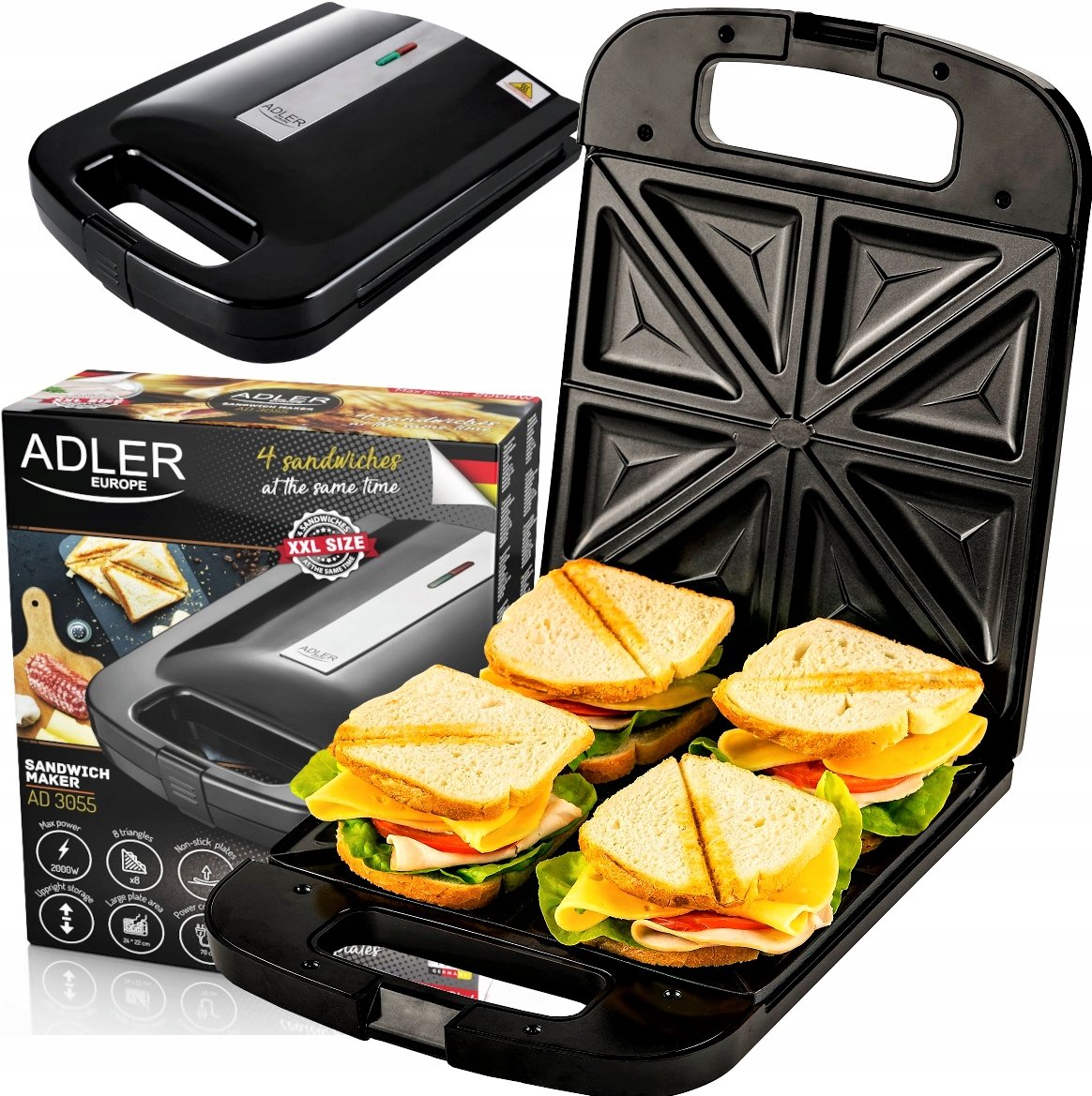 Czarny Toster Opiekacz XXL 4 Kanapki Tosty Sandwich Elektryczny 2000W ...