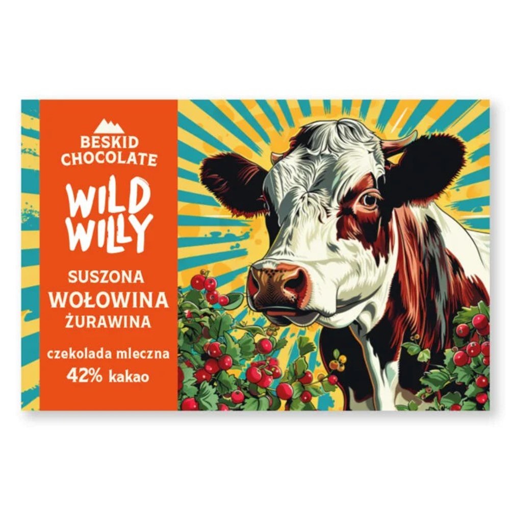 Czekolada mleczna 42% kakao Wild Willy z suszoną wołowiną o smaku żurawiny - Wild Willy | Sklep ...