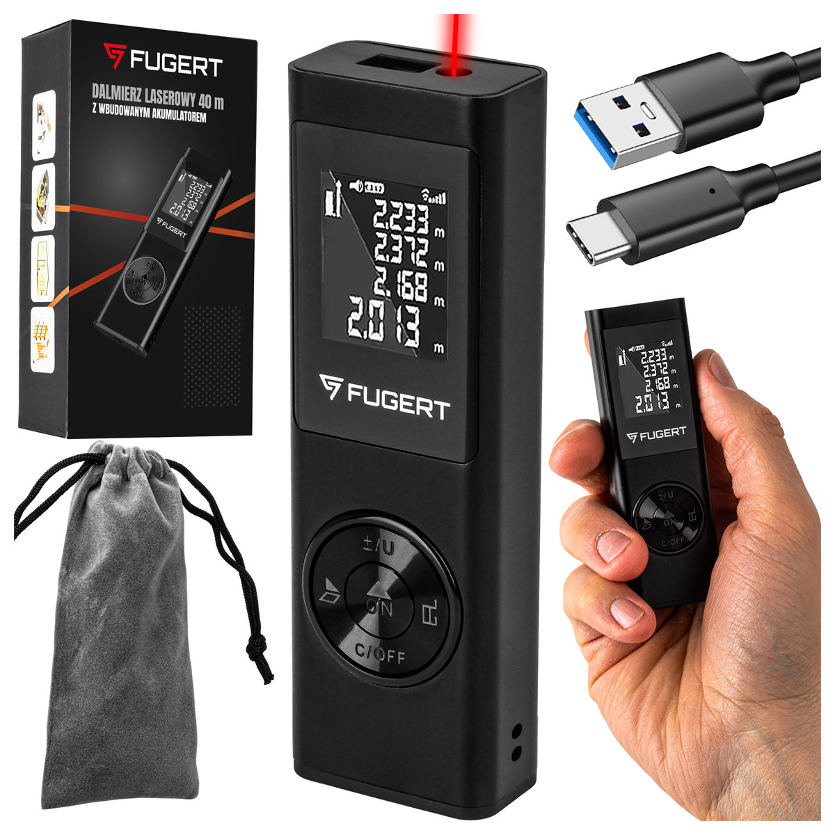 DALMIERZ LASEROWY CYFROWY MIERNIK ODLEGŁOŚCI 40M LCD ŁADOWANY USB-C ...