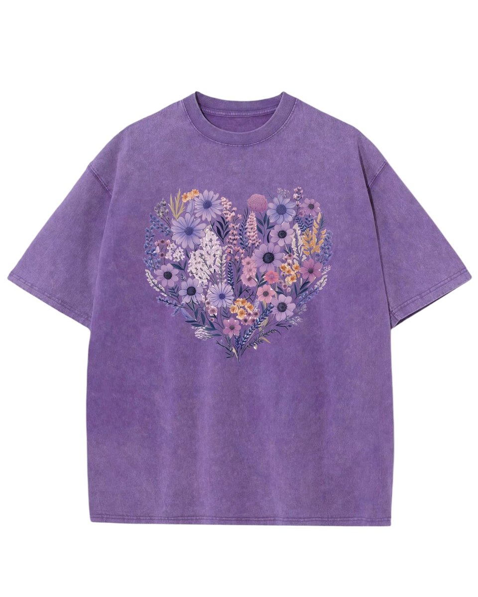 Damska koszulka oversize efekt sprania Kwiatowe Serce Kolory Fioletowa ...