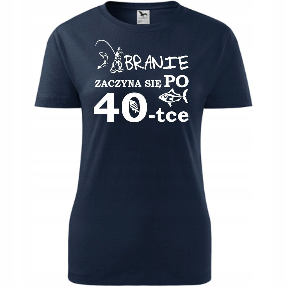 Damska Koszulka z Nadrukiem Branie zaczyna się po 40 ryba na Prezent ciemny granat XL - Atram ...