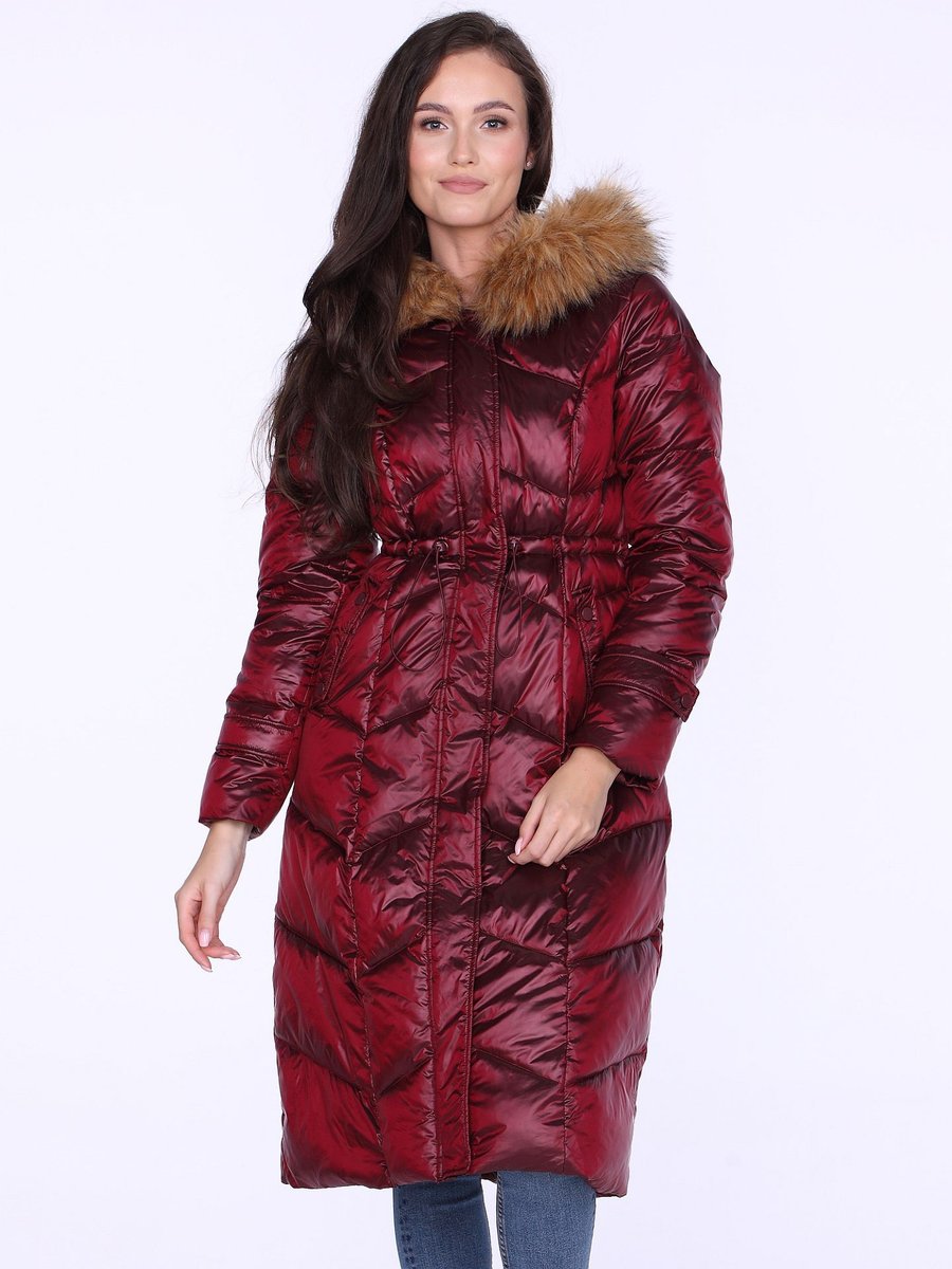 Damski zimowy płaszcz taliowany z kapturem L rubinowy - Inna marka ...