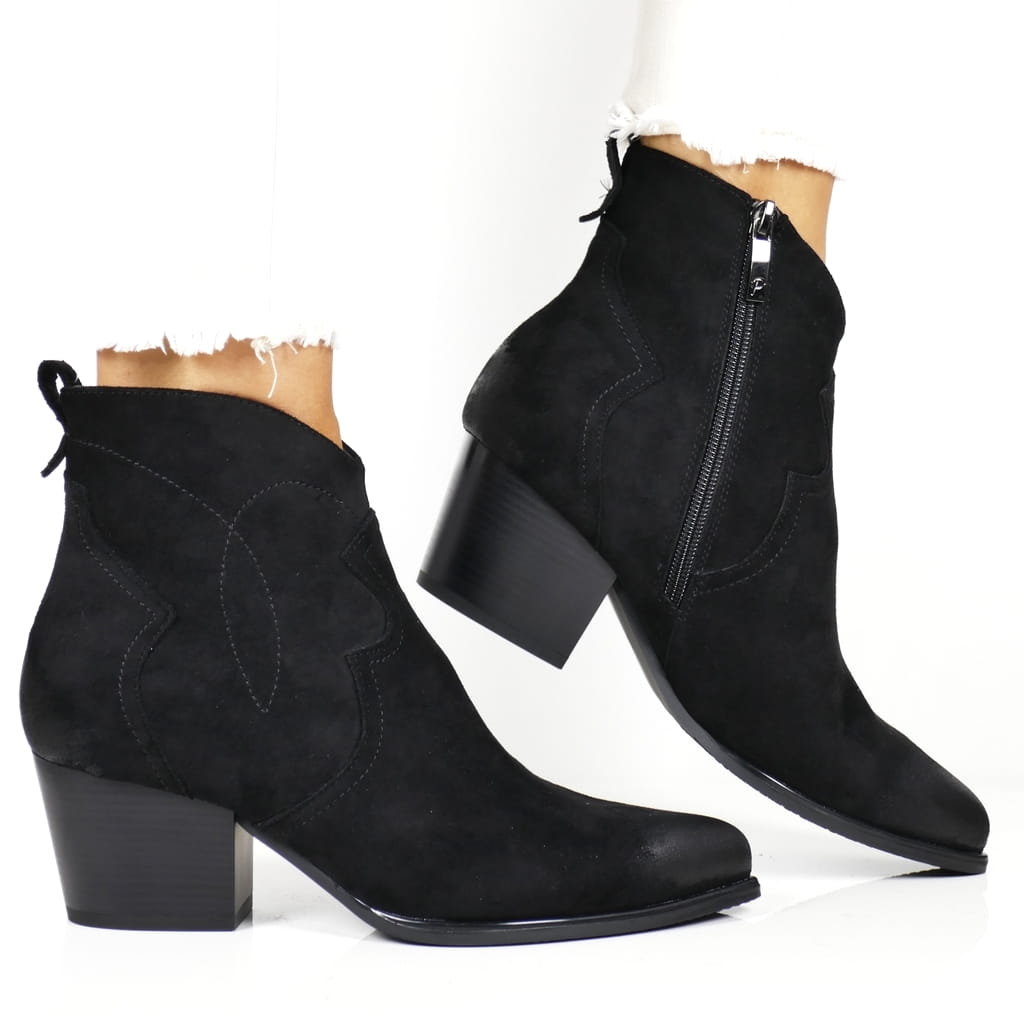 Damskie Kowbojki Botki Na Obcasie Potocki 12186 Czarne Zamszowe - Inna ...