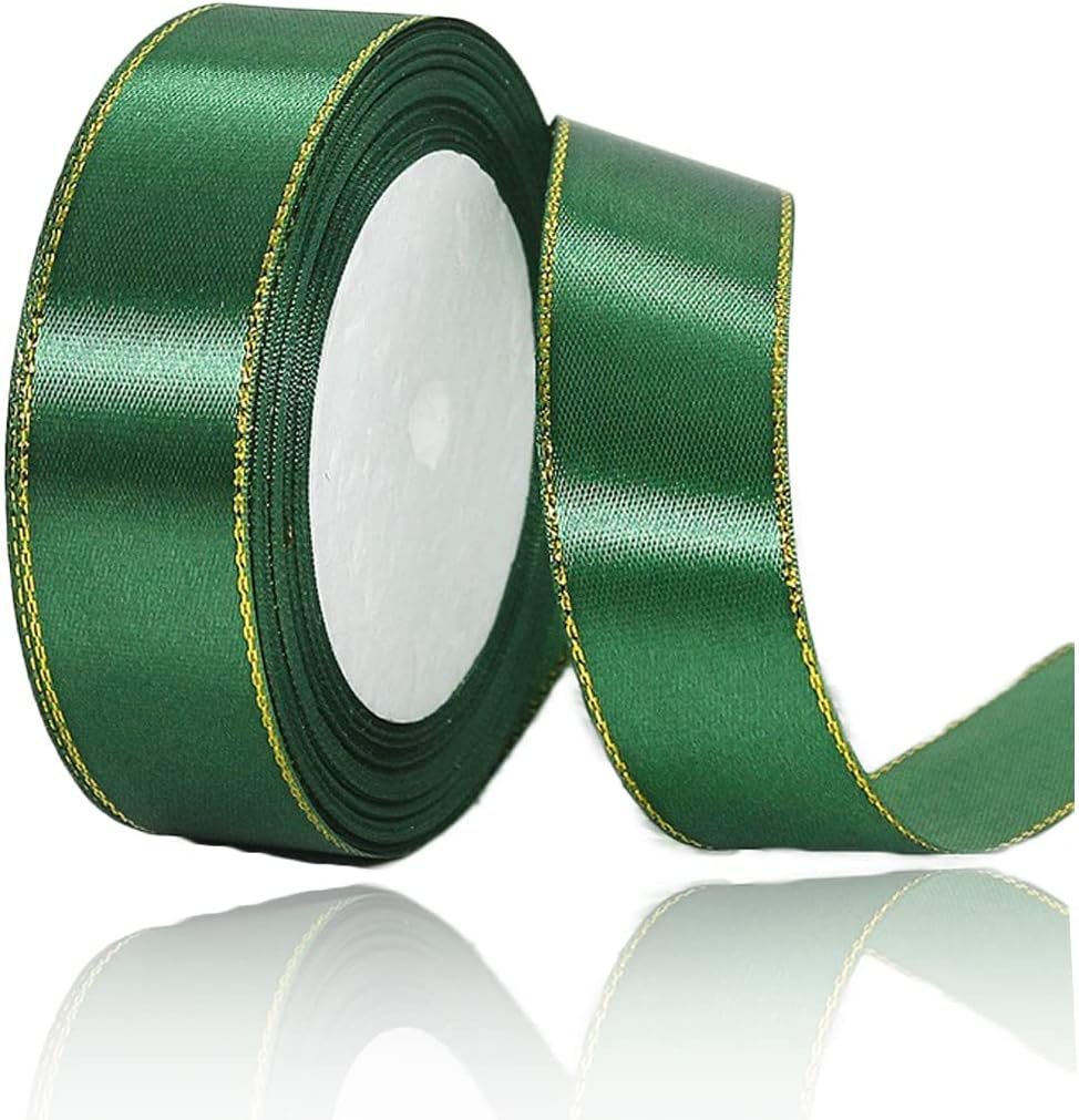 Dark Green Ribbon 20mm, 23 Meters Satin Fabric Ribbon with Rim, Gold ...