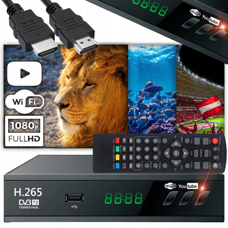 DEKODER TUNER TV NAZIEMNEJ USB 5V FULL HD DVB-T2 ANTENA PILOT + KABEL ...