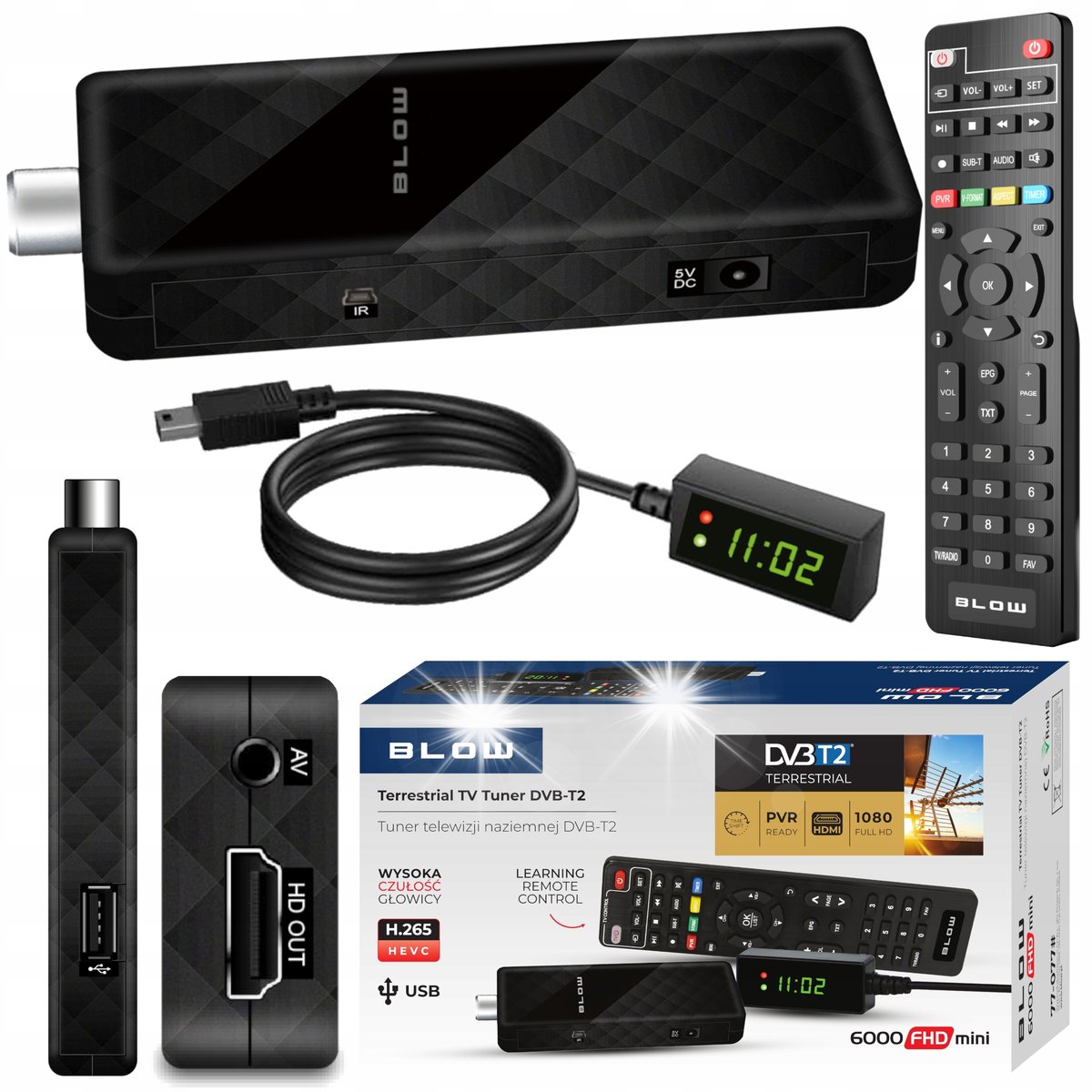 DEKODER TV DVB-T2 TUNER HEVC H.265 MINI STICK FULL HD PILOT HDMI USB ...