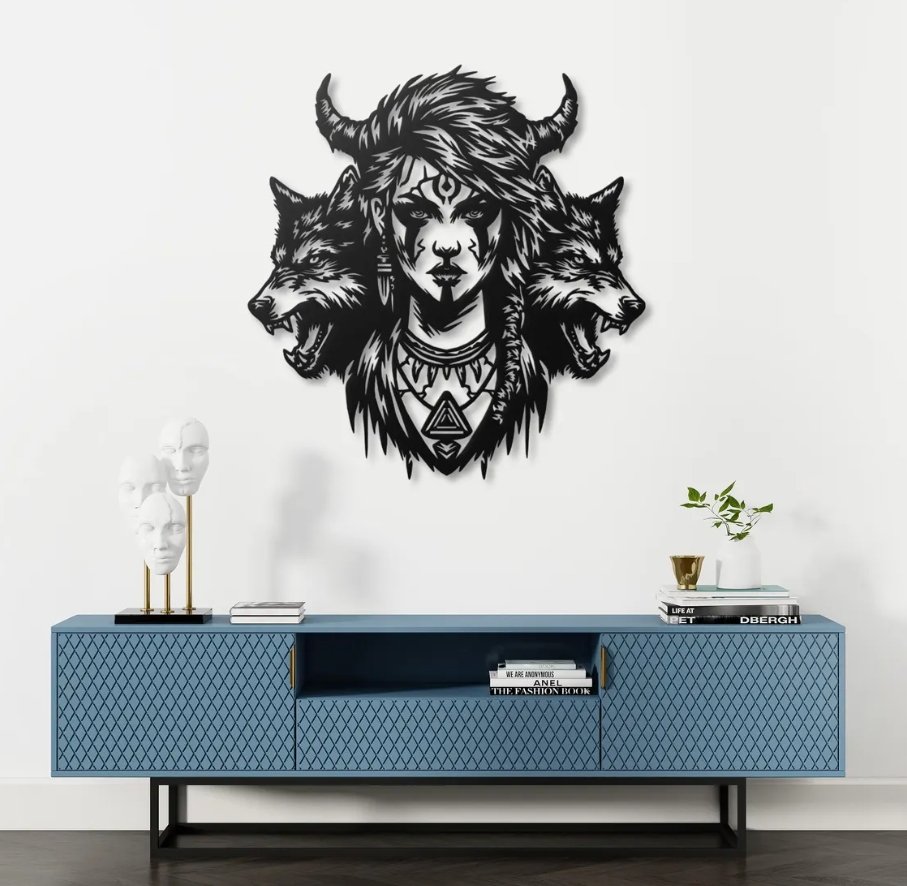 DEKORACJA ścienna Obraz wzór KOBIETA WIKING Z WILKAMI 85x89 cm ...