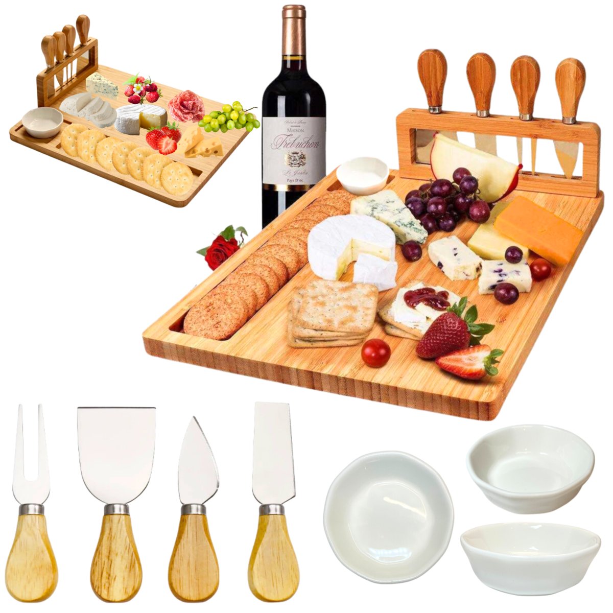 Deska do serów przekąsek przystawek do wędlin drewniana noże+miseczka - BROZE_ | Sklep EMPIK.COM