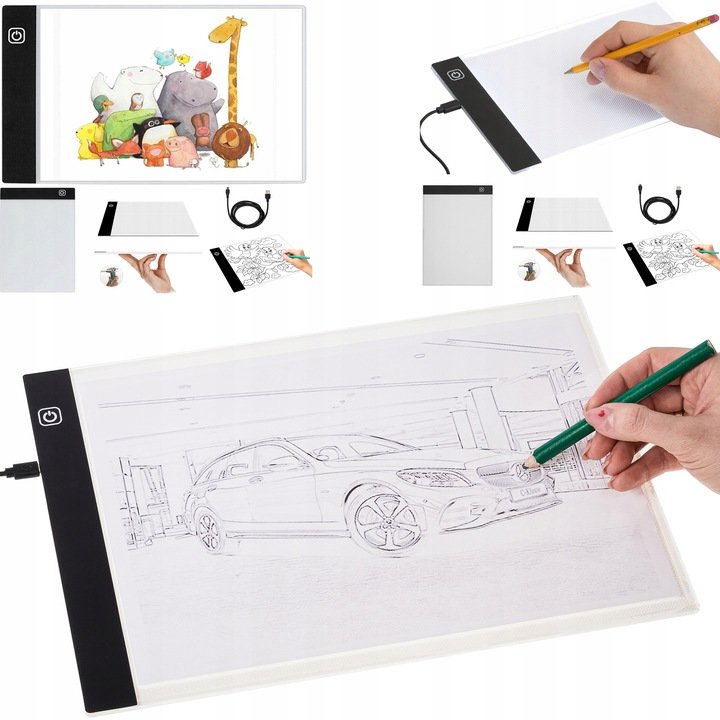 DESKA KREŚLARSKA LED PODŚWIETLNA TABLICA DO RYSOWANIA KALKA A4 PREZENT ...