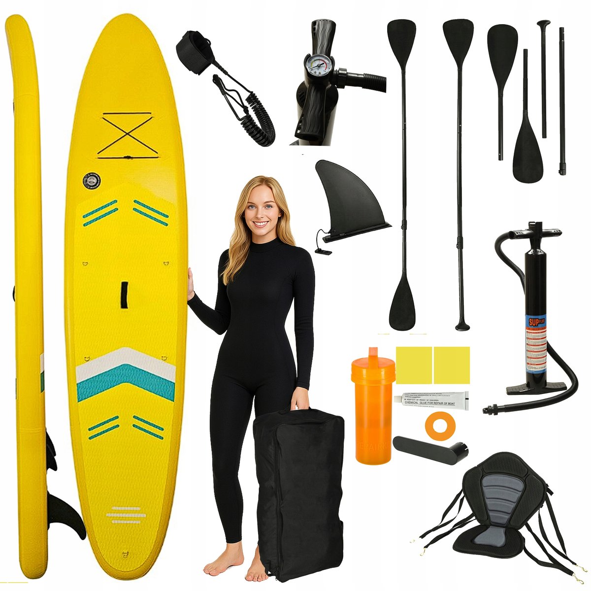 DESKA SUP Do Pływania Z Siedziskiem Plecak Pompka Wiosło Zestaw Duża ...