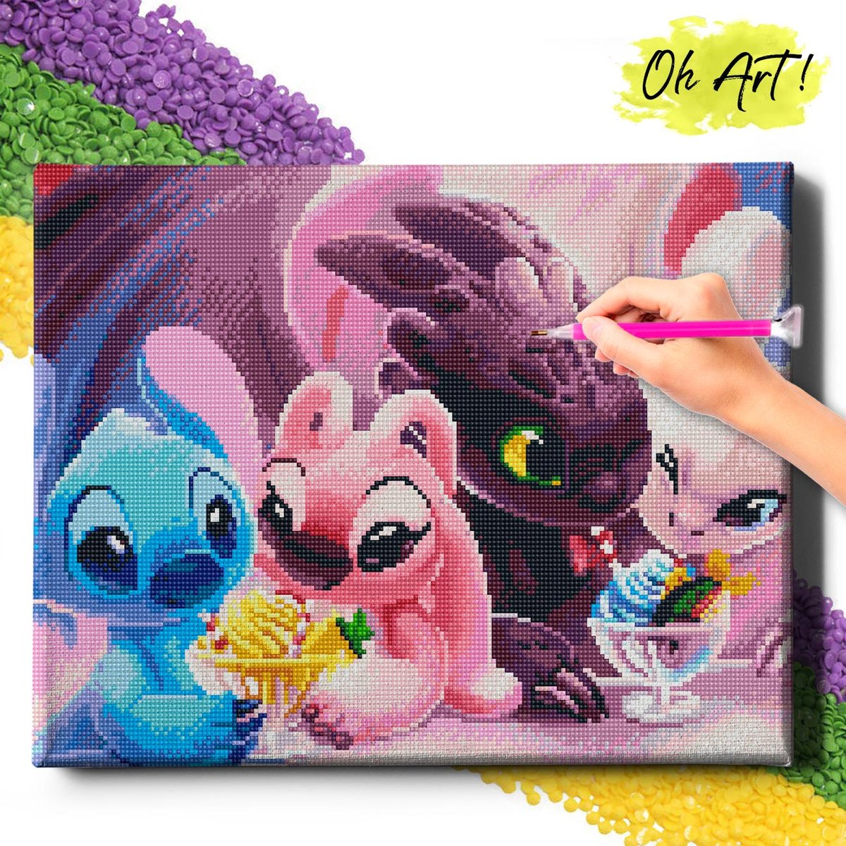 DIAMOND PAINTING 5D z RAM Dla dzieci Haft Diamentowy Du y Stitch i Szczerbatek w kawiarni Mozaika 40x50 cm