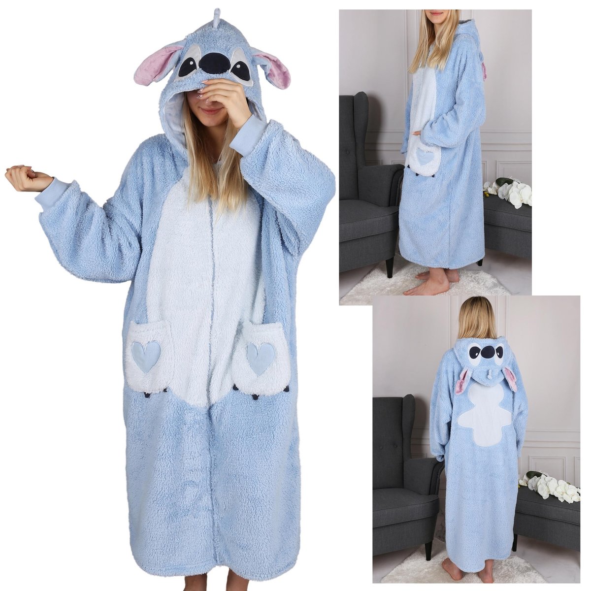 DISNEY Stitch Niebieska, damska bluza/szlafrok/koc z kapturem, snuddie ...
