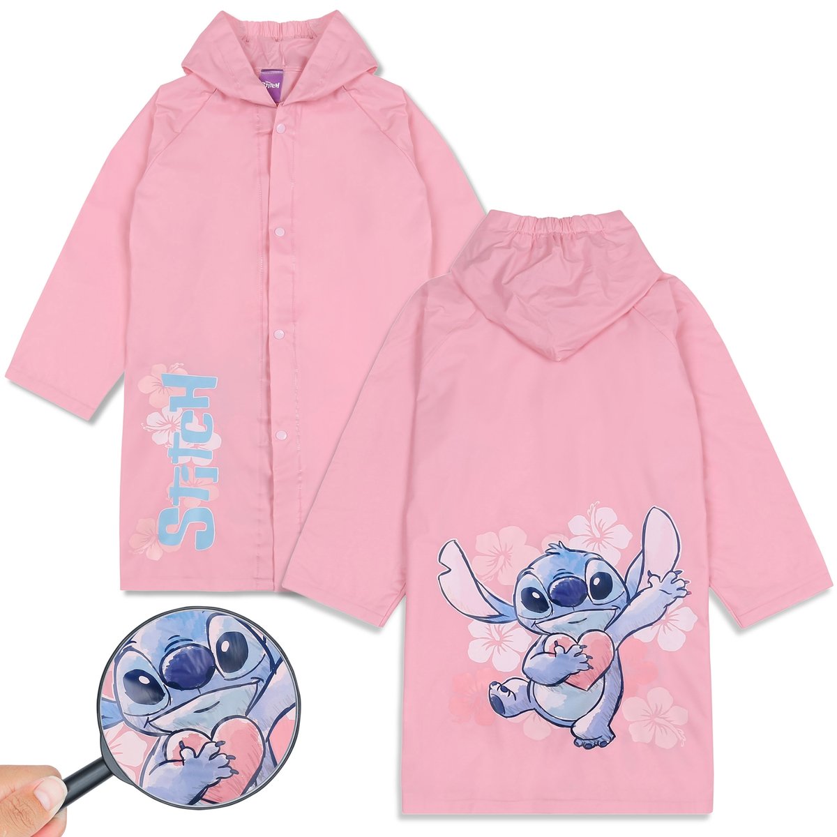 DISNEY Stitch Różowy, dziewczęcy płaszcz przeciwdeszczowy z kapturem, pelerynka dla dziewczynki ...