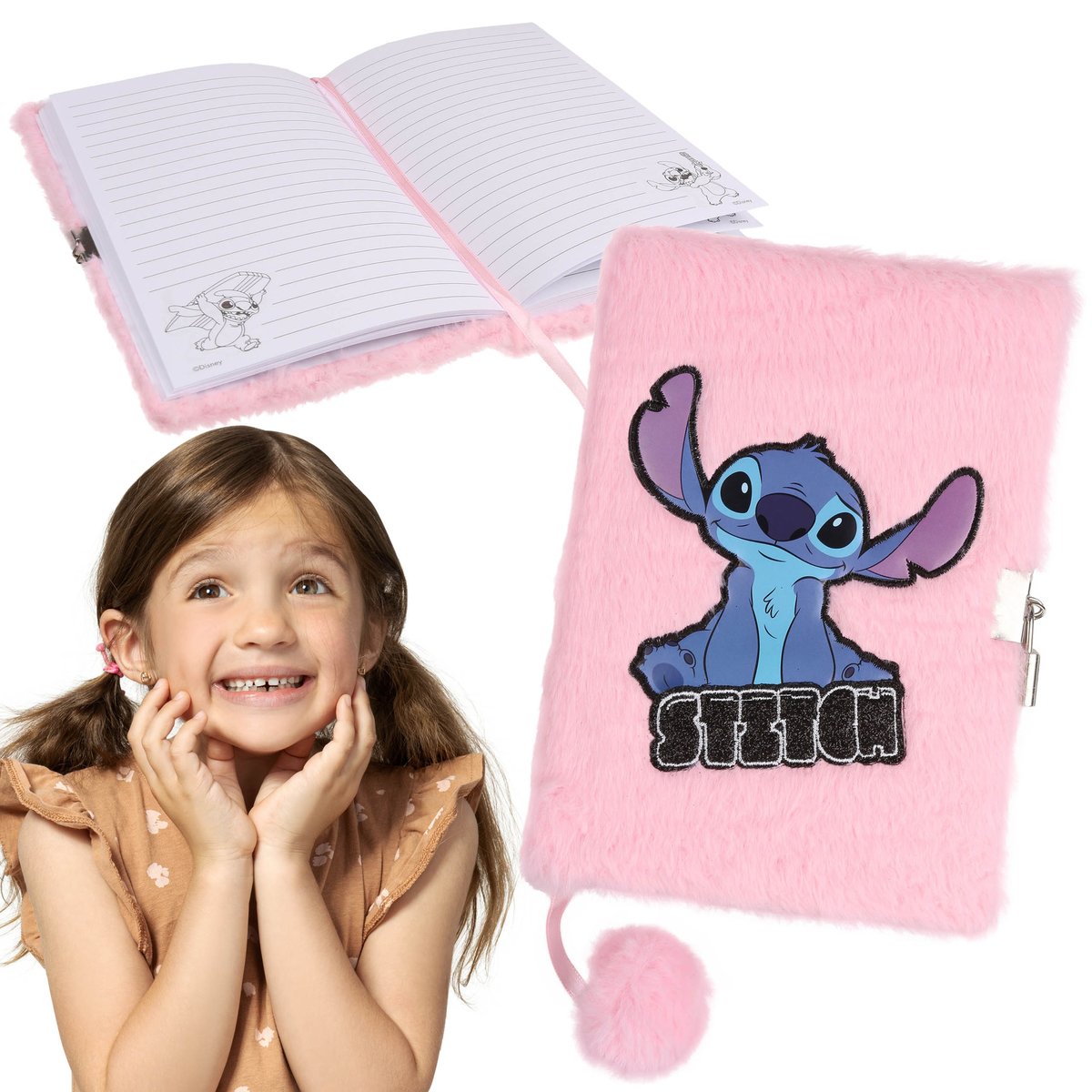 DISNEY Stitch Różowy, pluszowy notes/pamiętnik z kłódką w linie A5 ...