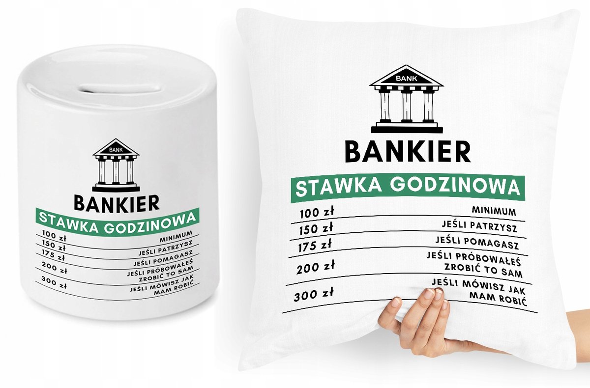 DLA BANKIERA ZESTAW PODUSZKA + SKARBONKA PREZENT z Nadrukiem ze ...