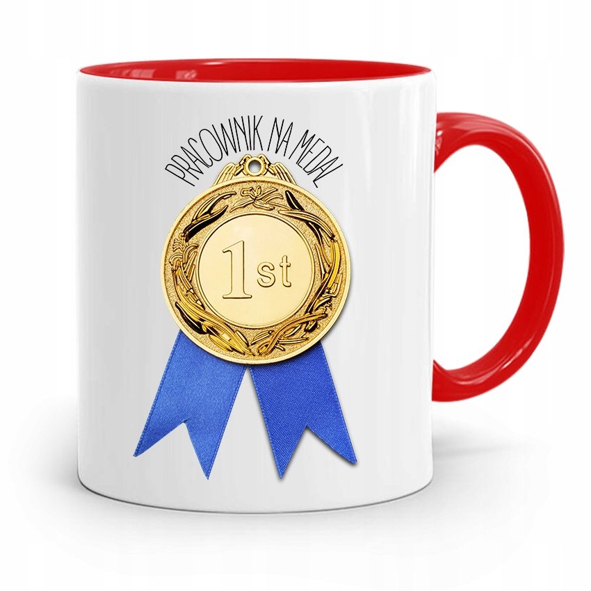 DLA PRACOWNIKA KUBEK CZERWONY PRACOWNIK NA MEDAL z Nadrukiem ze ...