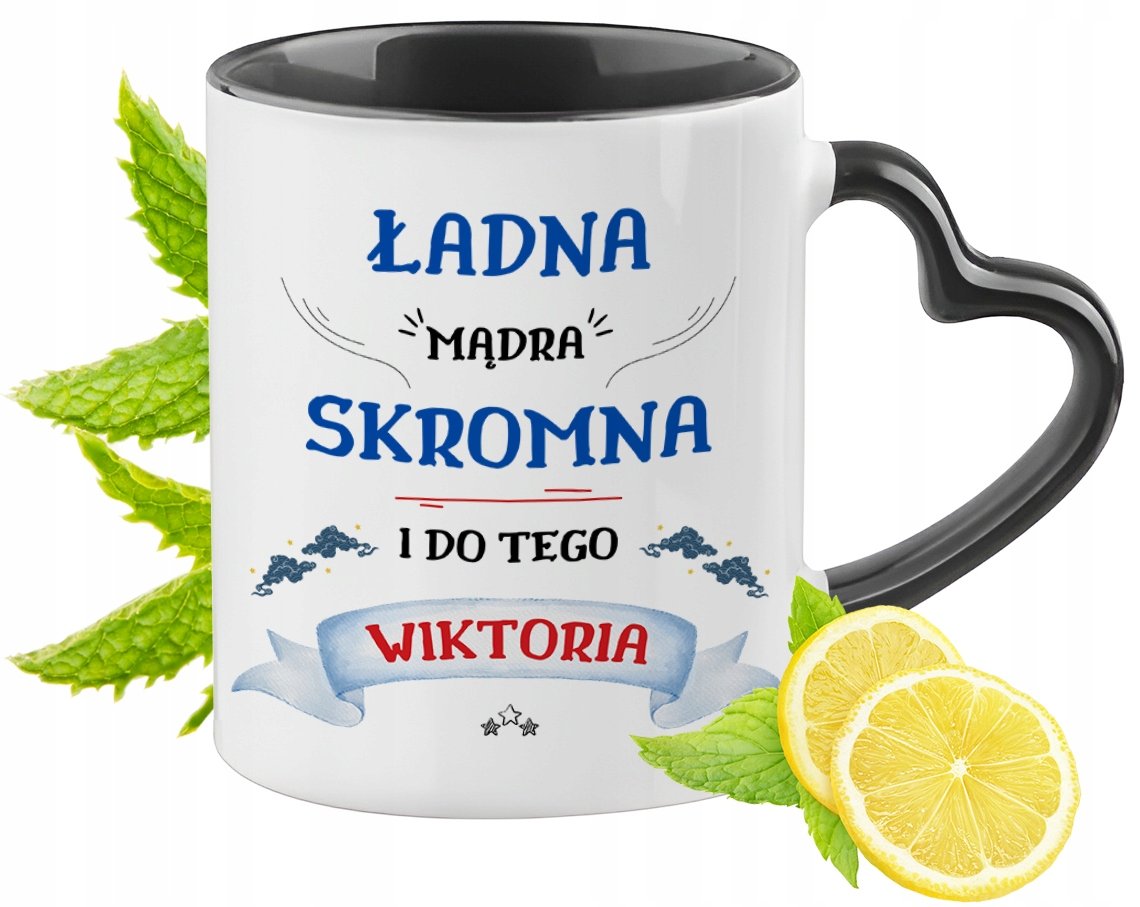 Dla Wiktori Kubek Czarny z Uszkiem w Kształcie Serca na Prezent z ...