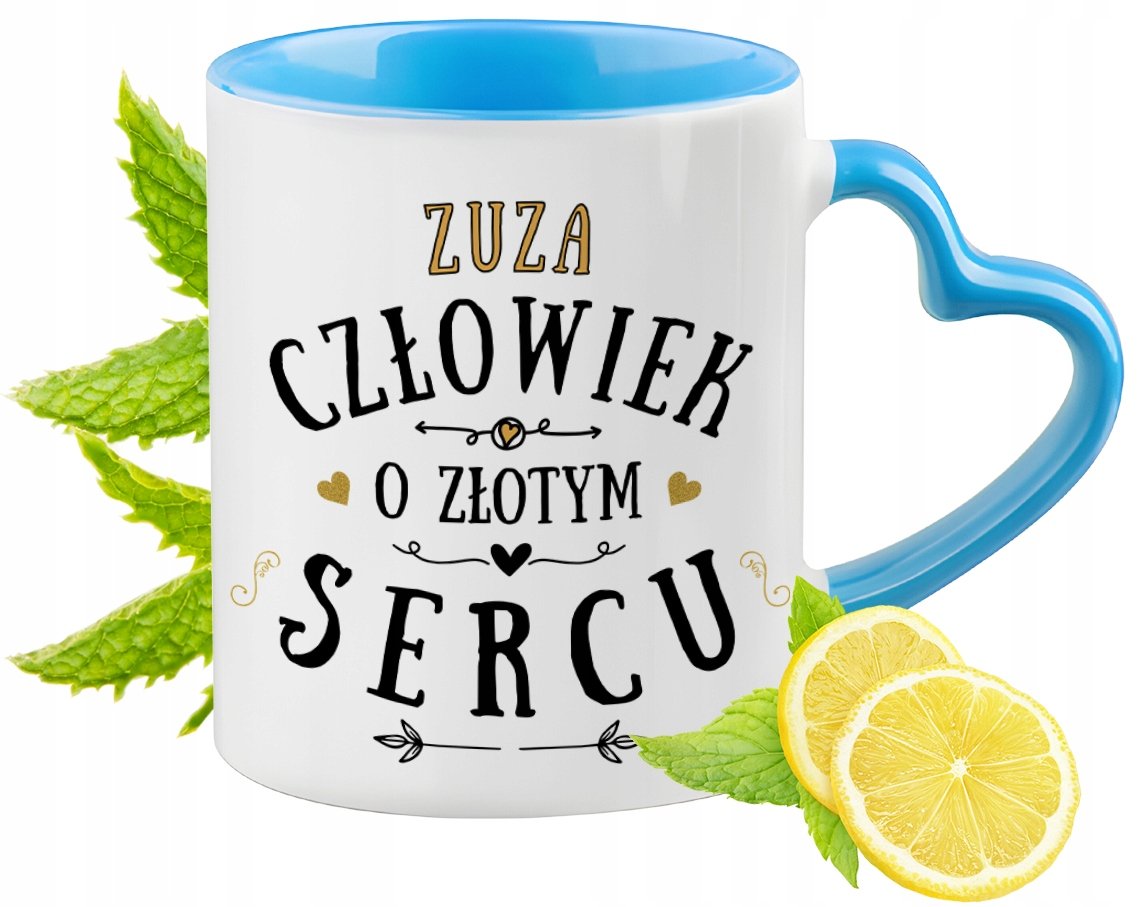 Dla Zuzy Kubek Błękitny z Uszkiem w Kształcie Serca na Prezent na Kawę ...